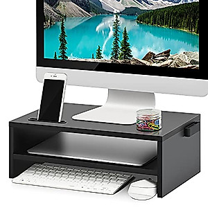 Marbrasse Monitor Stand Riser, 16.5 Inch 2 Tier Computer Monitor Stand, Printer Shelf Stand for Laptop Computer Screen Storage, Desktop Stand with Phone Holder and Cable Management Black