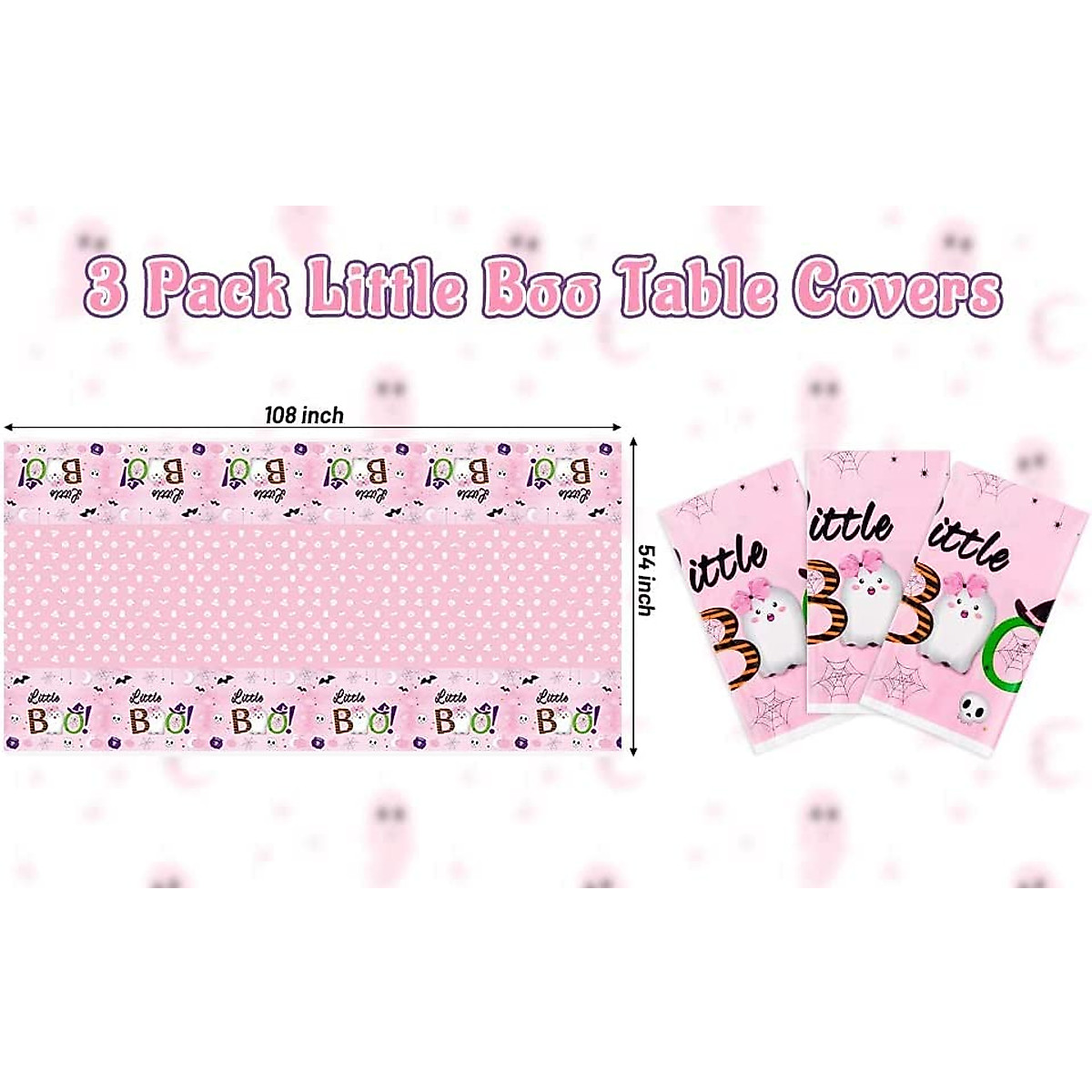 Haooryx 3 Pack Little Boo Table Covers Halloween Party Decoration Supplies, Plastic Rectangle Tablecloth Disposable Tablecover for Little Boo Theme Party Kids Birthday Baby Shower Decor, 108 x 54 Inch