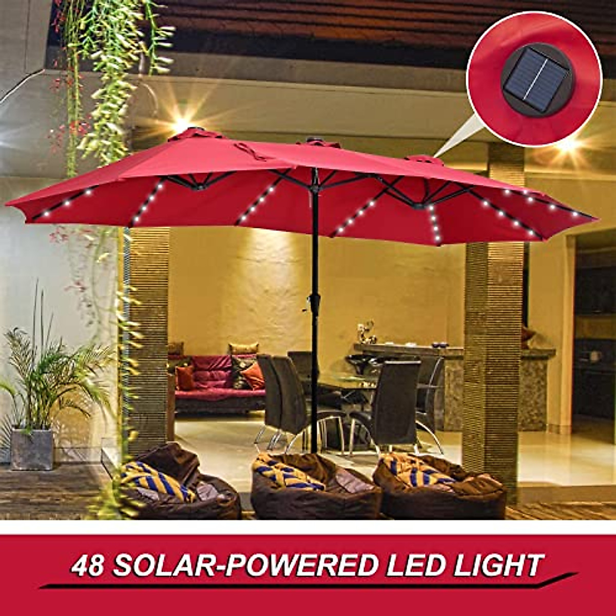 15 Ft Solar LED Patio Double-Sided Umbrella Table Umbrella with Crank Handle & 48 LED Lights