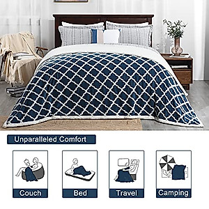 Basic Beyond Fleece Sherpa Throw Blanket - Soft Cozy Navy Blue Throw Blanket with 3D Jacquard Design for Couch,Bed,Travel,Camping,Navy Blue,50"x60"