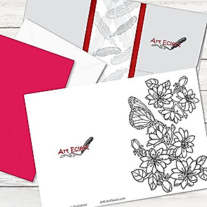 Art Eclect Coloring All Occasion Cards for Adults, Happy Birthday, Thank You and Sympathy, 20 Cards With Unique Flower Designs, 10 Fuchsia and 10 White Envelopes (Flowers B20/PinkWhite)