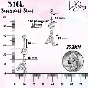 Initial Dangle Belly Button Rings | Embellished with CZ Crystals in Silver Letters A to Z | Ideal for Navel Piercings Belly Piercings - Initial P - BB-016