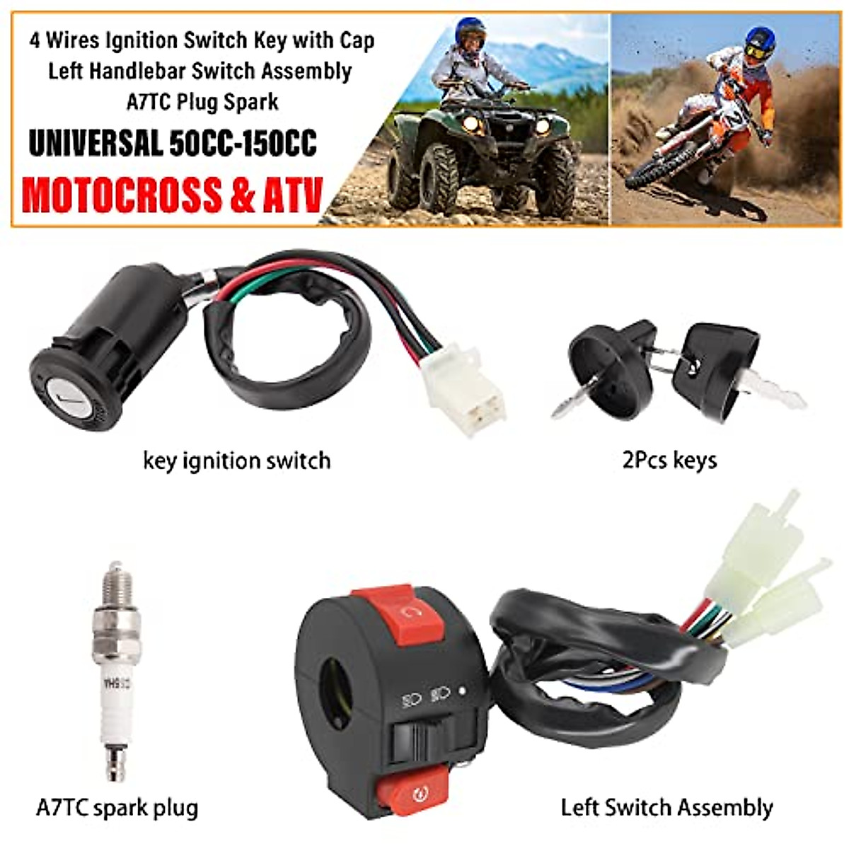4 Wires Ignition Switch Key with Cap+3 Function Left Starter Switch Assembly for 50cc 70 cc 90cc 110 cc 125cc 150cc TaoTao SUNL Chinese ATV Quad 4 Wheeler 125cc Apollo Dirt Bike Scooter Parts