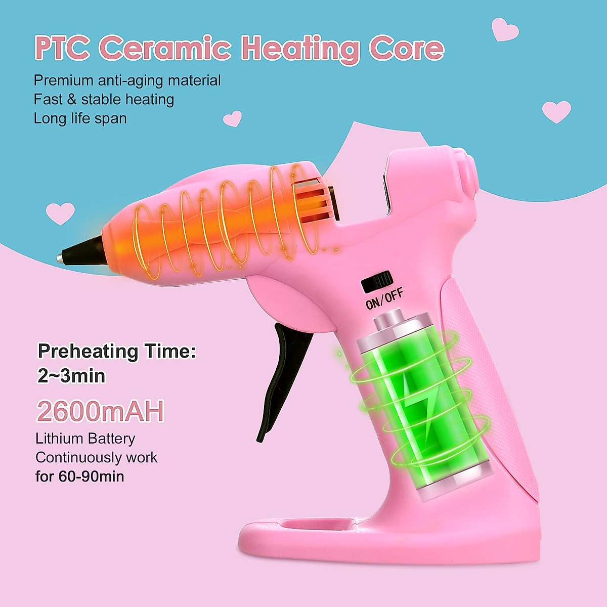 Glue Gun Cordless USB Rechargeable: 2600mAh Battery Operated Fast Preheating Wireless Hot Glue Gun Kit with 30pcs Mini Glue Stick for Crafts DIY Arts Home Repairs - Pink