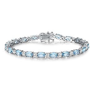 FANCIME Sterling Silver Created Aquamarine Tennis Bracelet March Birthstone Bracelet Cubic Zirconia Oval Gemstone Dainty Charm Fine Jewelry for Women 7"
