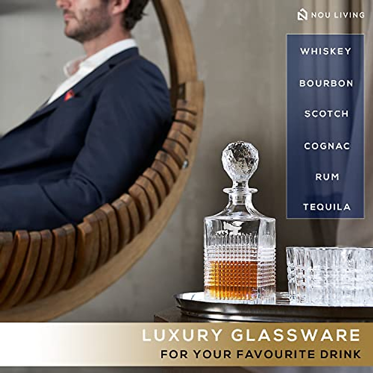 Nou Living Crystal Whiskey Decanter Set with Glasses – Whisky Decanter & Glass Set of 6 – Whiskey Decanter Sets for Men – 11 Pc Whiskey Gift Set - Crystal Liquor Decanters for Alcohol, Bourbon