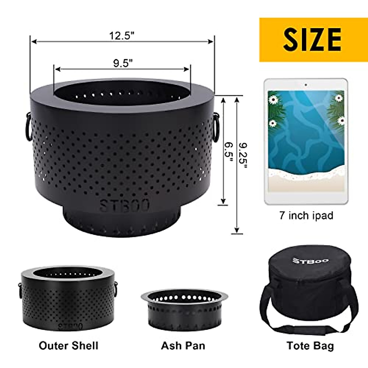 STBoo 13 Inch Smokeless Fire Pits for Outside with Portable Carrying Storage Bag, Smokeless Camping Stove, Low Smoke Outdoor Fireplace for Bonfire Picnic Backyard Cooking on Beach, Black, S