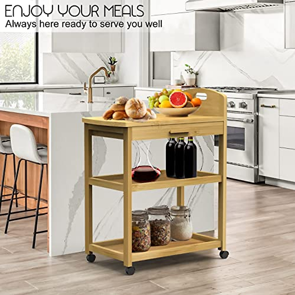 Purbambo Bamboo Kitchen Storage Cart, 3 Tier Rolling Cart, Mobile Utility Cart Trolley with Drawer and Lockable Casters for Home Kitchen