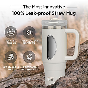 Tyeso 30 oz Tumbler with Handle, Straw and Lid - Leak Resistant Insulated Stainless Steel Water Bottle, Car Cup Holder Friendly Travel Coffee Mug White - Gifts for Men & Women