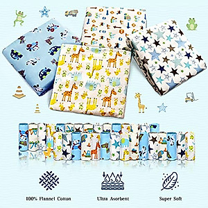 Omilion Receiving Blanket for Baby – 4 Pack – 30 inch x 30 inch – 100% Flannel Cotton - Mixed Patterned Designs – Includes Infant Washcloth 30 Pack