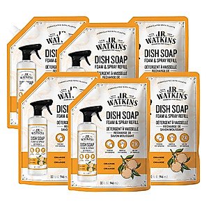 J.R. Watkins Foaming Dish Soap Refill Pouch, Crafted Clean & Cruelty Free, Orange, 32 fl oz, 6 Pack