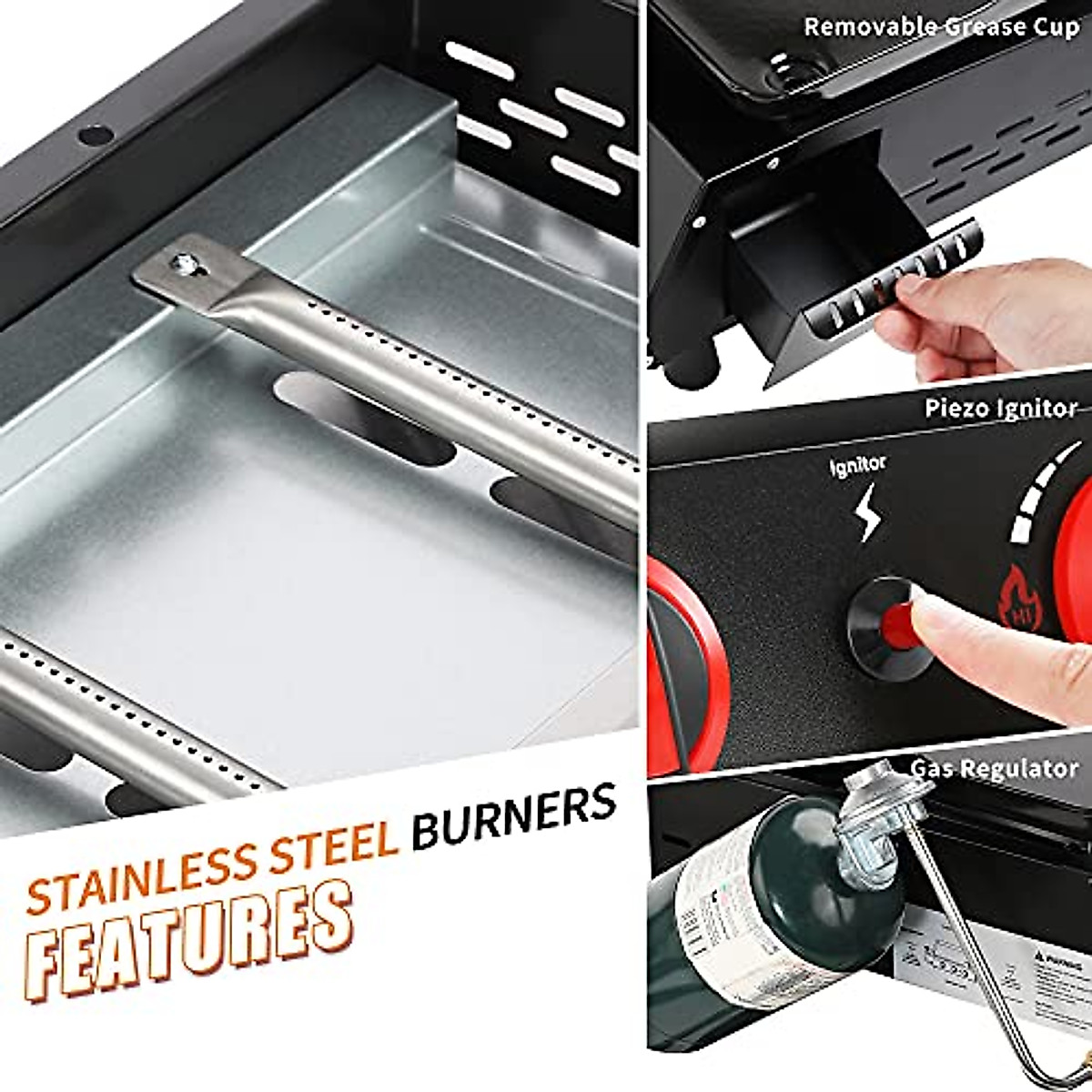 Royal Gourmet PD1303A 24-Inch 3-Burner Portable Tabletop Griddle, 24,000 BTU Propane Gas Grill Tabletop Usa for Patio, Deck, Backyard, Tailgating, Camping and Picnic, Black