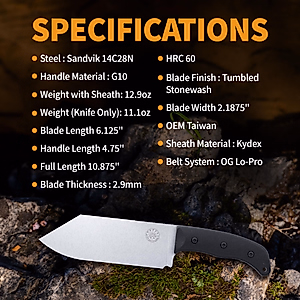 Off-Grid Knives - Grizzly V2 Chef Knife with Sandvik 14C28N Stainless Steel, Kydex Sheath and Belt Clip, G10 Scales, Lanyard Opening, Camping, BBQ & Home Kitchen Use (Stonewash)