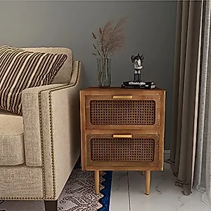 COZAYH Rustic Farmhouse Woven Fronts Nightstand, Spacious Storage End Table with 2 Drawers, Industrial Farmhouse Accent Furniture for Bedroom