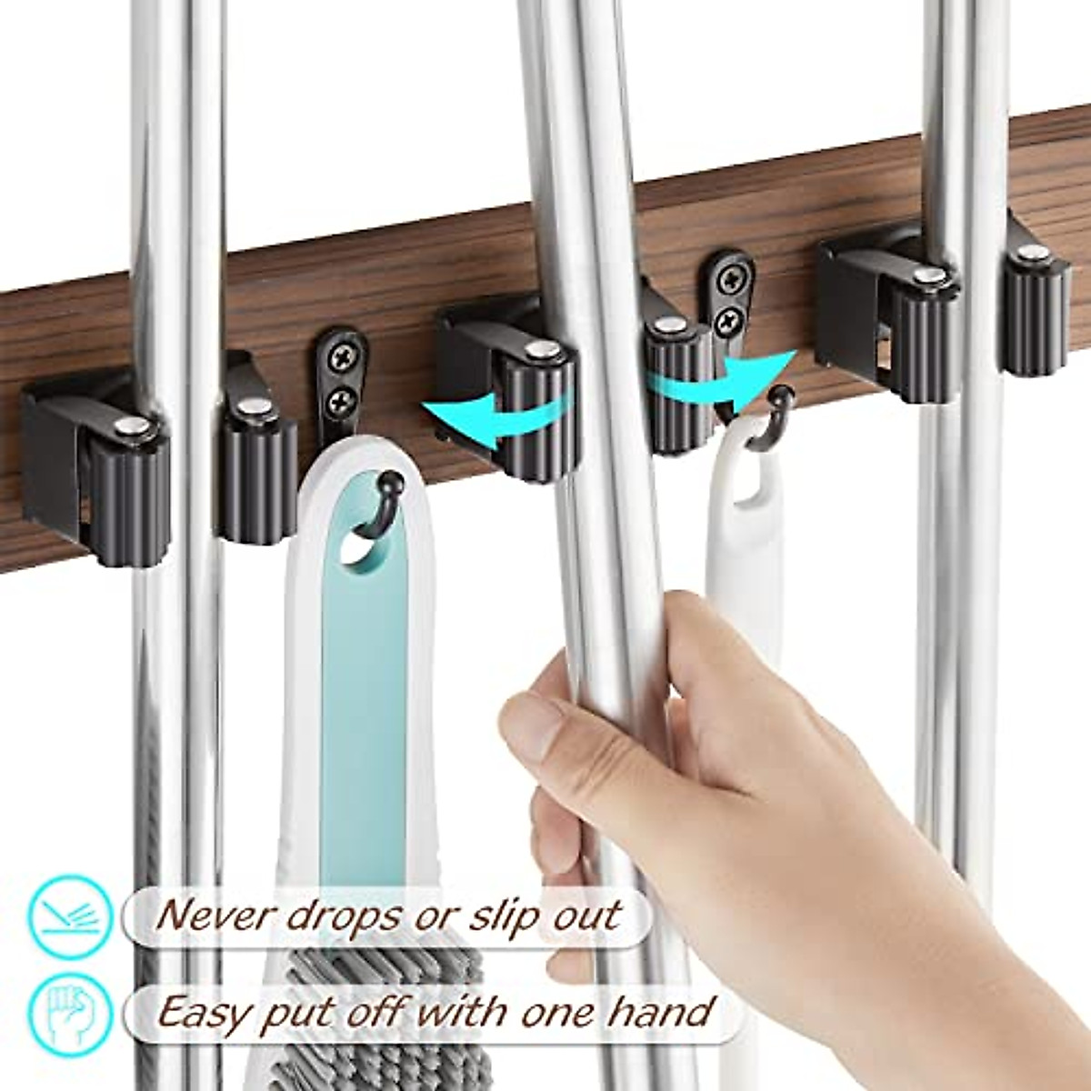 OUTNILI Mop Broom Holder Wall Mount Wood Broom Mop Hanger - Wall Mounted Garden Tool Rack Organizer for Closet Garage Laundry Room Kitchen Decor With 4 Slots & 4 Hooks
