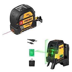 PREXISO 100Ft Rechargeable Dual Modules Laser Level & PREXISO 2-in-1 Digital 135Ft Rechargeable Laser Tape Measure - Pythagorean Mode, Area, Volume, Ft/Ft+in/in/M Unit Digital Distance Meter
