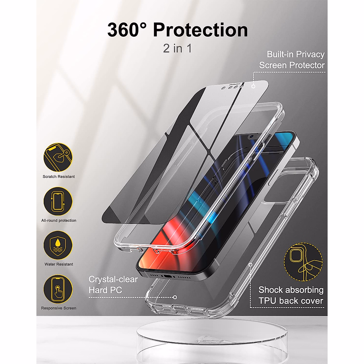 SURITCH Clear Case for iPhone 13 Pro Max (Only) 6.7-inch, [Privacy Screen Protector] Full Body Protection Bumper Shockproof Rugged Cover for iPhone 13 Pro Max -(Clear)