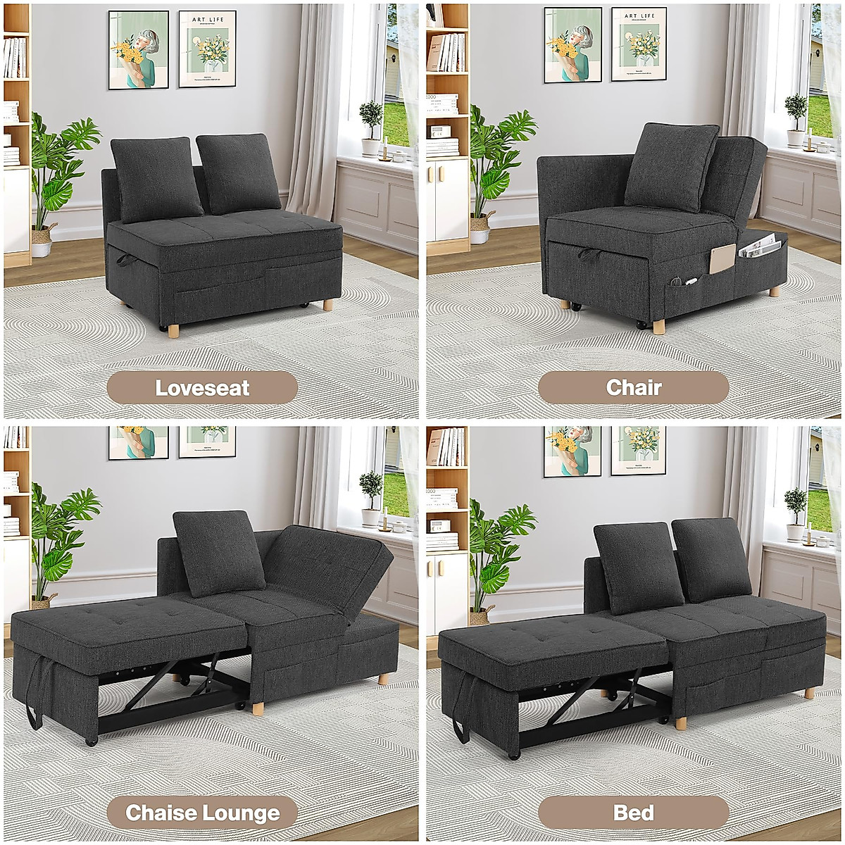 Sofa Bed,4-in-1 Convertible Sleeper Sofa Chair Bed,3-Seat Pull Out Sofa Bed,Loveseat Sofa with Linen Fabric,Single Recliner with 5 Adjustable Backrests & 2 Pillows for Apartment Small Space,Black