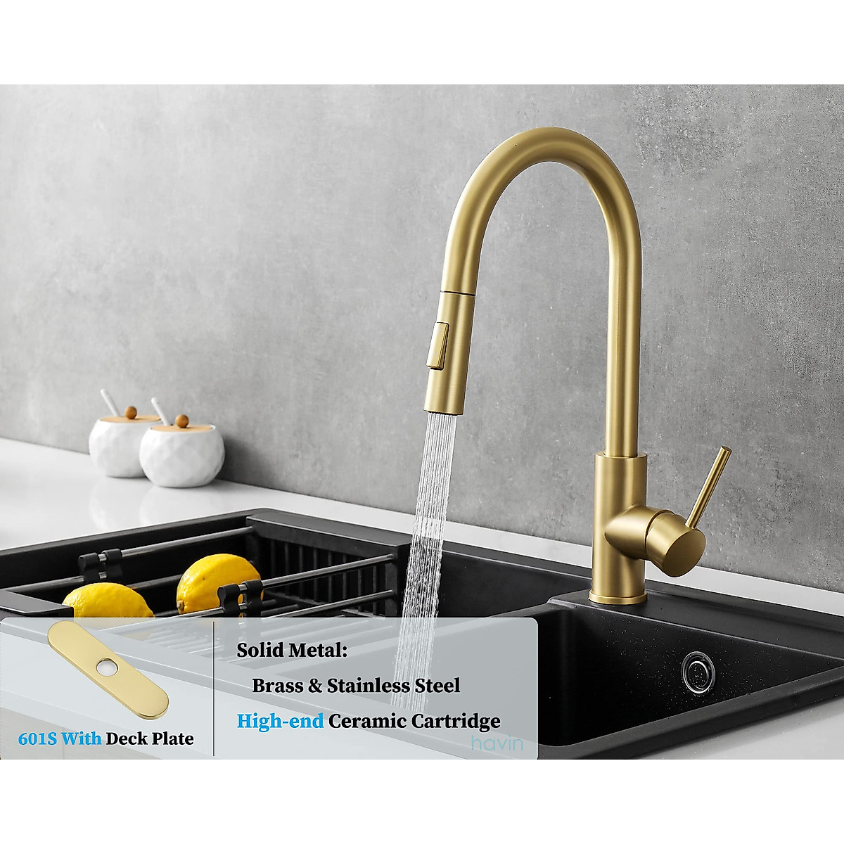 601&SS601 Gold Kitchen Faucet with Pull Down Sprayer and Gold Drinking Water Faucet