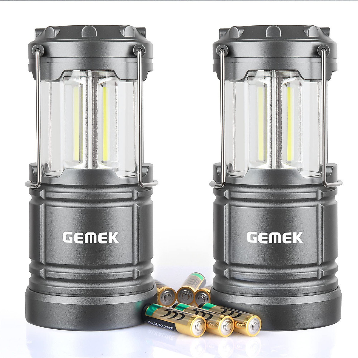 GEMEK 2 Pack LED Lantern, Collapsible Emergency Battery Powered Lights with Magnetic Base for Home Power Outages, Roadside Car Repair, Fishing, Camping Gear Accessories Essentials (Gray)