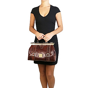 Tuscany Leather - Monalisa - Doctor gladstone leather bag with front straps Dark Brown - TL10034/5
