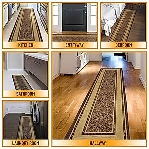 Ottomanson Ottohome Non-Slip Rubberback Bordered Design 3x10 Indoor Runner Rug, 2'7" x 9'10", Brown