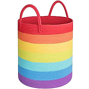 MINTWOOD Design Large Decorative Woven Cotton Rope Basket, Tall Laundry Basket Hamper, Blanket Basket for Living Room, Storage Baskets for Toys, Towel, Throw, Pillow, 60L Rainbow