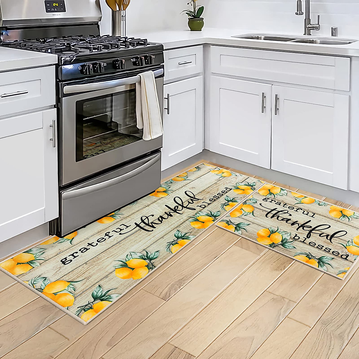 Asrug 2 Pieces Kitchen Rug Set Non-Slip Backing Mat Natural Design Throw Rug for Kitchen Doormat Runner Rug Set, Lemon Design, 17"x48"+17"x24"