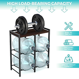 5 Gallon Water Jug Holder for 4 Bottles with Rustic Brown Wood Top Shelf, 5 Gallon Water Jug Stand, 5 Gallon Water Bottle Holder, Heavy Duty Water Dispenser Stand for Home Kitchen/Office/Living Room