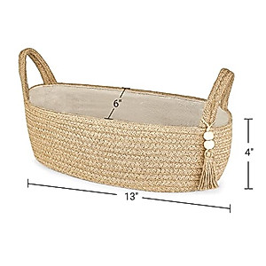 Mkono Small Woven Storage Basket for Toilet Tank Top Boho Bathroom Decor Jute Rope Back of Toilet Organizer Tray with Wood Bead Tassel for Counter Shelf Table Bedroom Living Room Nursery, Jute, 1 Pack