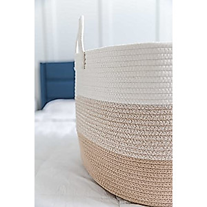 OrganiHaus Woven Baskets for Storage | Modern Boho Laundry Basket | Cotton Rope Blanket Basket for Living Room | Extra Large Storage Basket for Kids | Laundry Hamper & Blanket Holder - Honey (20x13)