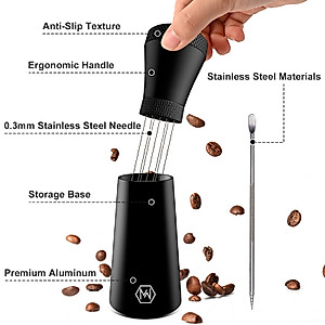 MEINV WDT Espresso Distribution Tool, 0.35mm 7Needles Coffee Stirrer Distributor with Latte Art Pen & Stand, Aluminum Alloy Espresso Whisk with 3 Replaceable Needles for Coffee Bar Baristas (Black)