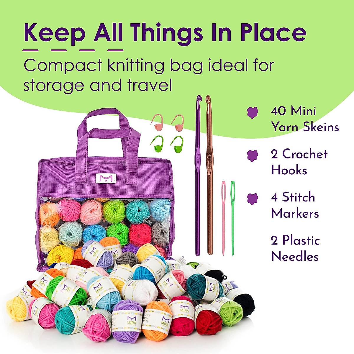 Crochet kit for Beginners| 40 Mini Skeins of Colorful Acrylic Yarn for Crocheting & Knitting (875 Yards), Storage Bag, 2 Crochet Hooks, 4 Crochet Stitch Markers, 2 Needles & 7 PDF Ebooks