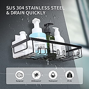 Shower Caddy Basket Shelf with Hooks, 2 Pack, No Drilling Traceless Adhesive Storage Organizer With Soap Dish Holder, 304 Stainless Steel, Wall Mounted Storage Shelf for Bathroom, Kitchen, Black