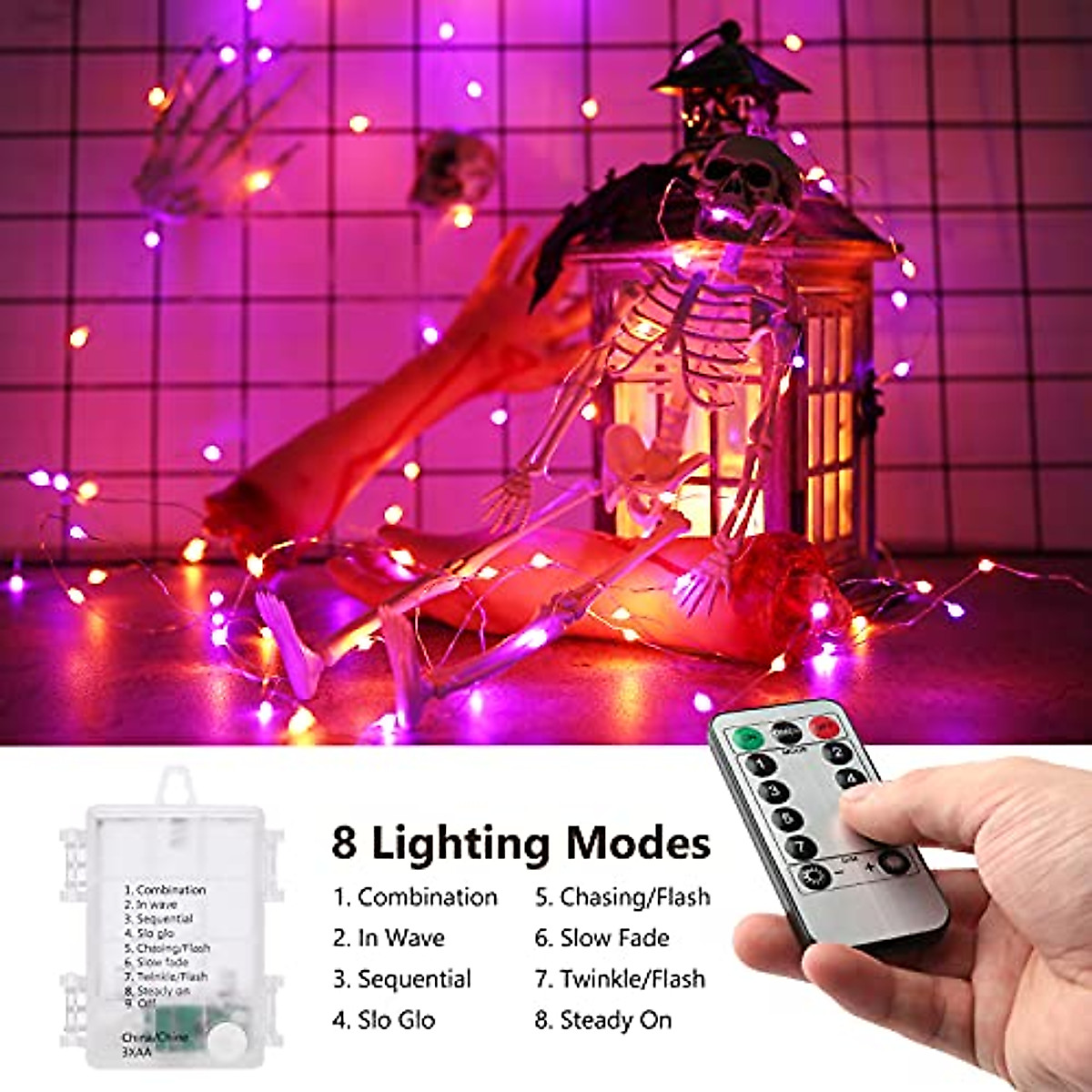 BrizLabs Purple & Orange Halloween Lights, 2 Pack 17.48ft 50 LED Halloween String Lights with Remote, 8 Modes Battery Purple & Orange Fairy Lights Waterproof Twinkle Lights for Halloween Haunted Decor
