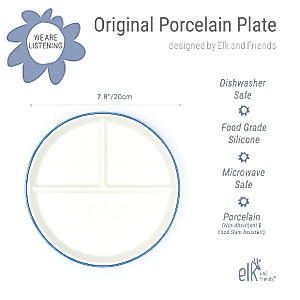 Elk and Friends Kids 7.8” Porcelain White Plates with Silicone Sleeves | Divided Plates | Suitable for Kids/Toddlers | Microwave & Dishwasher Safe | Non Slip | Snack Dishes…
