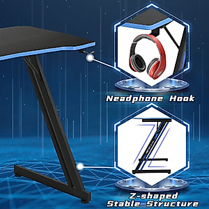Gaming Desk 39.4 inch Z-Shaped Computer Desk PC Computer Table Home Office Desk Ergonomic Gamer Workstation with Headphone Hook, Blue
