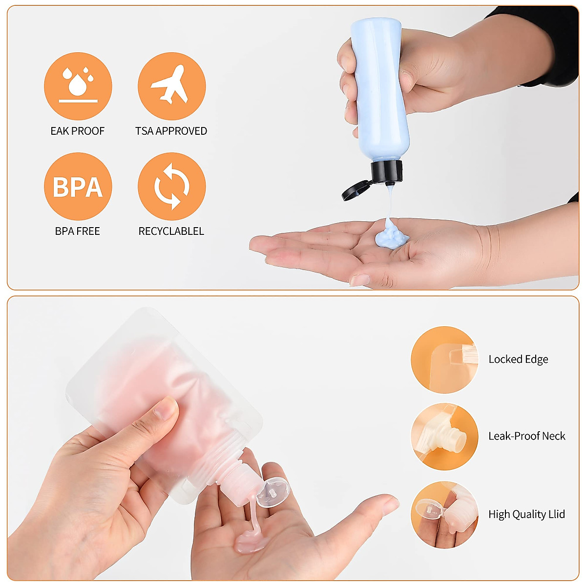 Clear Plastic Empty Squeeze Bottles 5 Pack 3.4oz/100ml Travel Bottles and 3 PCS Refillable Empty Squeeze Pouch TSA Approved Refillable Travel Pouches for Shampoo Conditioner Cosmetics with Lables