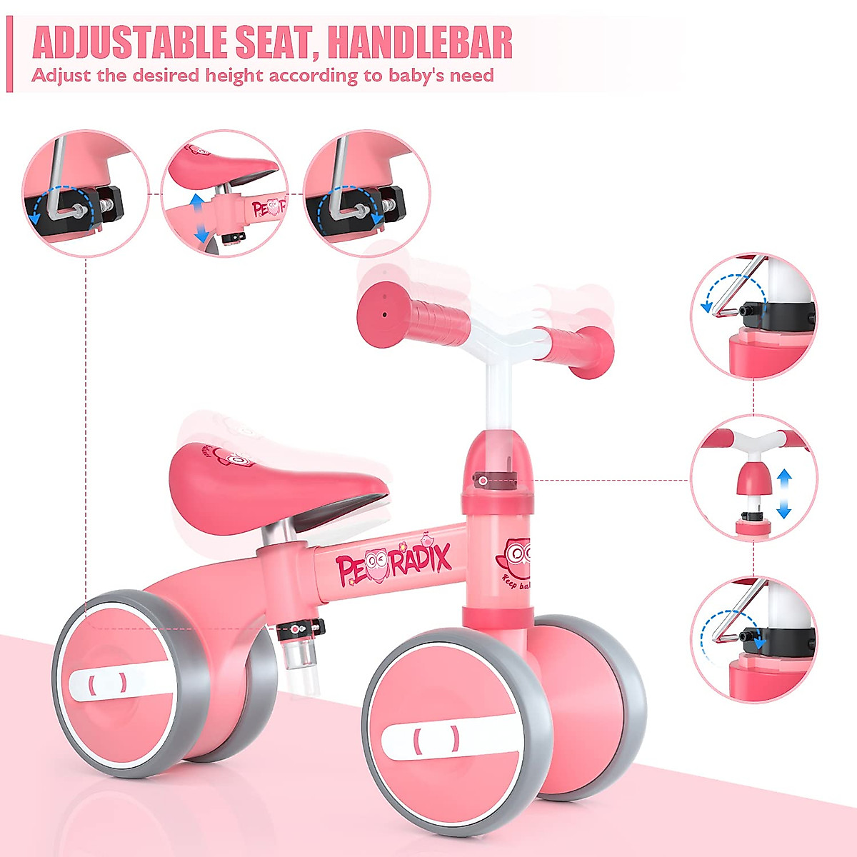 Peradix Balance Bike, Pink, Adjustable 7'' Wheels for 1-3 yr Old Toddlers, Promotes Walking & Riding Skills, BPA-Free, ASTM F963-11 Certified