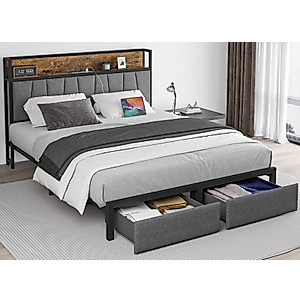 CIKUNASI Full Size Bed Frame with Headboard and Storage, Drawers Platform Bed Frame with Storage Chargin Station LED Light Bedframe, Heavy Duty, No Box Spring Needed