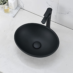 Oval Black Vessel Sink with Faucet and Drain Combo -Bokaiya 16x13 Ceramic Bathroom Sink Above Counter Vessel Sink Oval Porcelain Ceramic Bathroom Lavatory Vanity Sink Art Basin Set