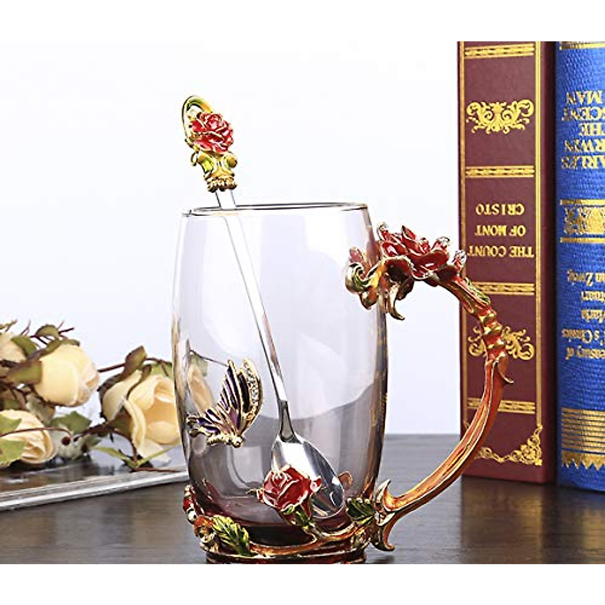 Flower Tea Cups, Unique Coffee Mugs, Butterfly Glass Mug with Spoon Set, Handmade Rose Butterflies Gifts - Best Valentine's Day Mother's Day Gift (13oz, Red)
