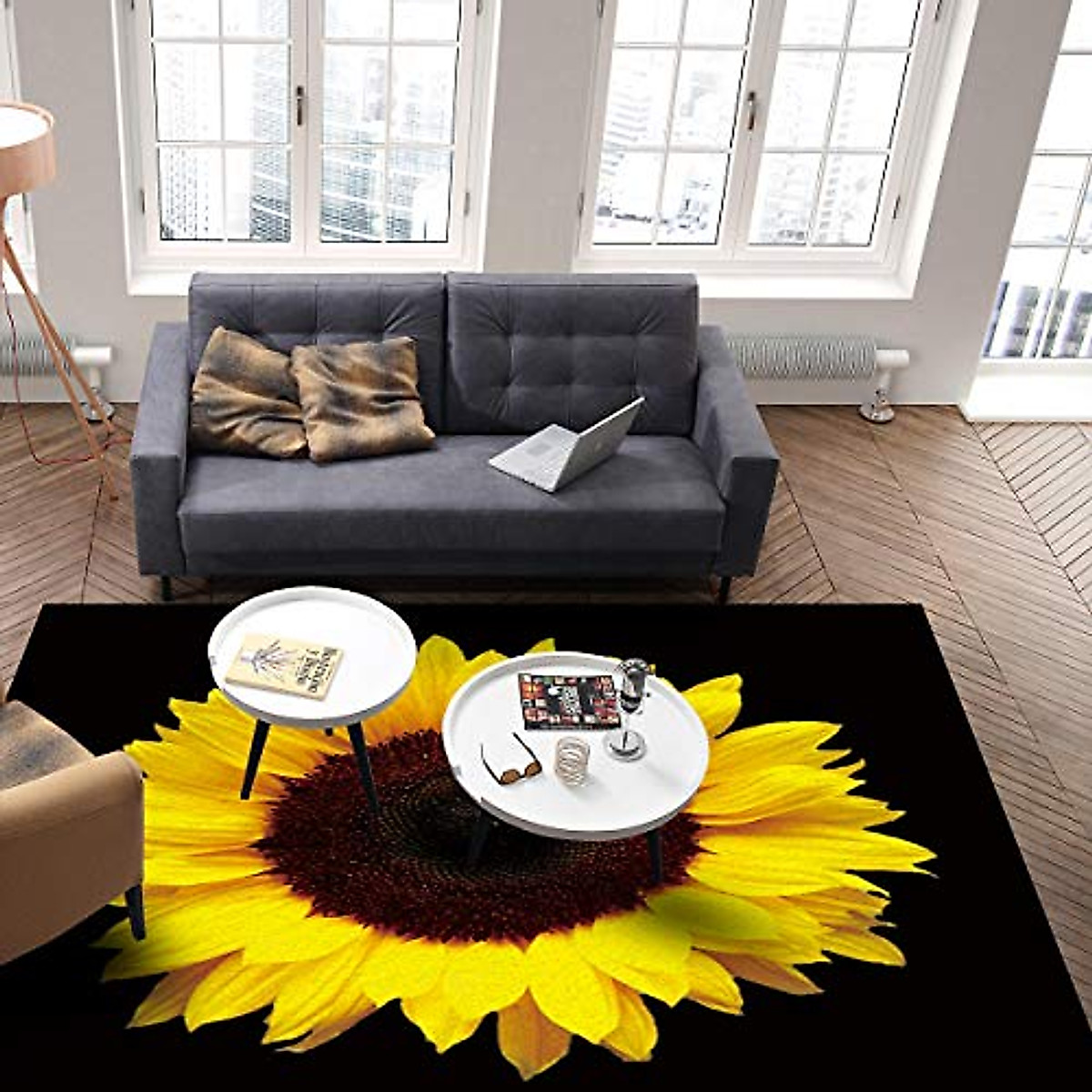 Large Rectangular Area Rugs 5' x 7' Living Room, Farm Sunflower Round Durable Non Slip Rug Carpet Floor Mat for Bedroom Bedside Outdoor Black Backdrop Yellow Floral