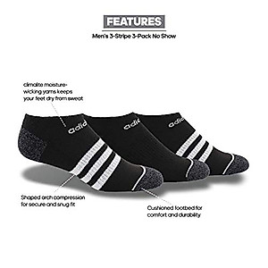 adidas Men's 3-Stripe No Show Socks (3-Pair), Black/White/Onix Grey, Large