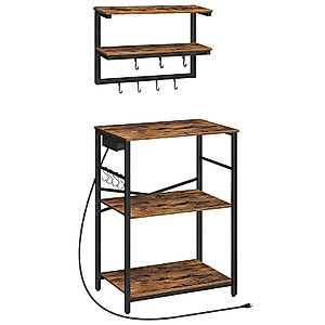 HOOBRO Bakers Rack with Power Outlets, Coffee Bar with Floating Shelves, Microwave Stand with 11 S-Hooks, Freestanding Kitchen Storage Shelves, for Kitchen, Living Room, Rustic Brown BF11UHB01