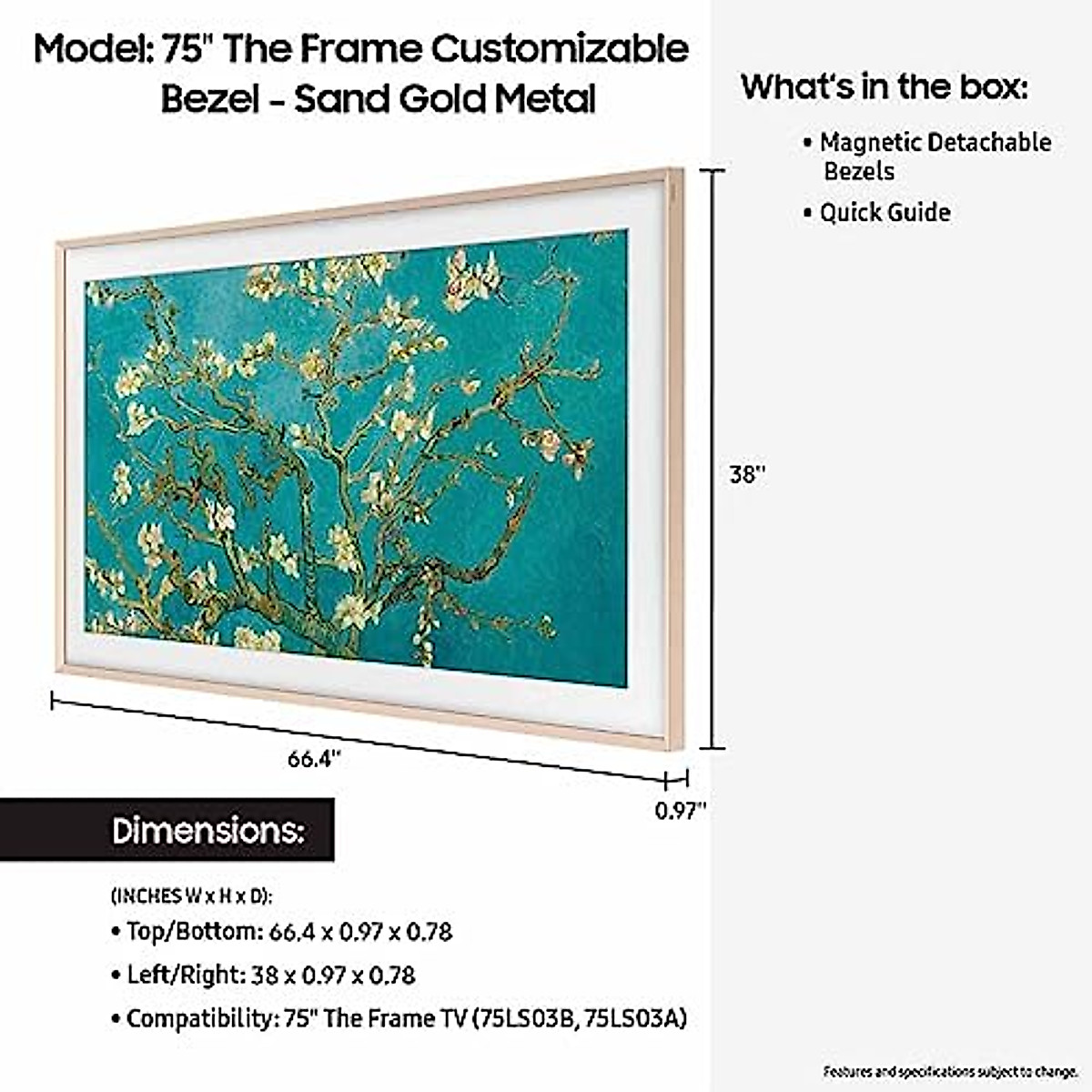 SAMSUNG 75” The Frame TV Customizable Bezel, Magnetic, Quick and Easy Installation, VG-SCFC75SGMZA, 2023, Sand Gold Metal