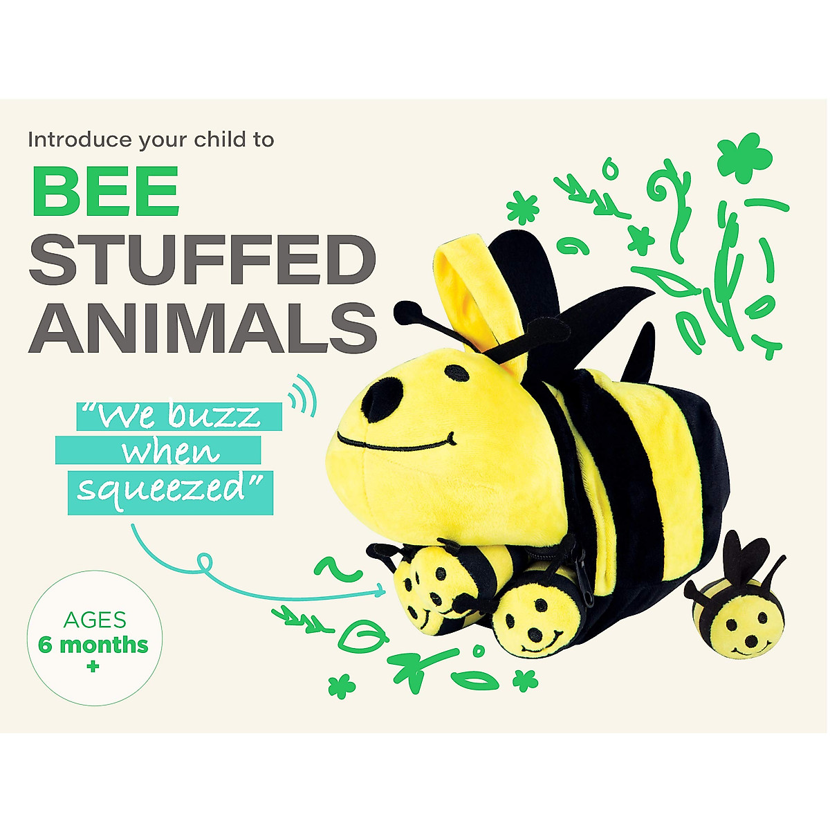 Etna Plush Buzzing Bees Toy - Cute Soft Mommy Bee Carrier Holds 4 Baby Bee Dolls, Squeeze Activated Sounds