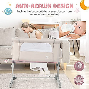 BABY JOY Bassinet Bedside Sleeper, 3 in 1 Folding Crib w/Adjustable Height, Mattress, Lockable Wheels, Storage Pocket & Carry Bag for Infant Newborn, Stationary & Rock, Portable Baby Bassinet (Beige)