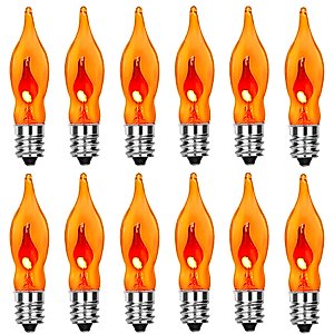 12 Pack C18 Orange Flicker Flame Light Bulbs - 1 Watt, 120 Volt, E12 Candelabra Base, Flame Shaped Replacment Light Bulbs for Halloween Christmas Candles Chandeliers Outdoor Decorative String Lights