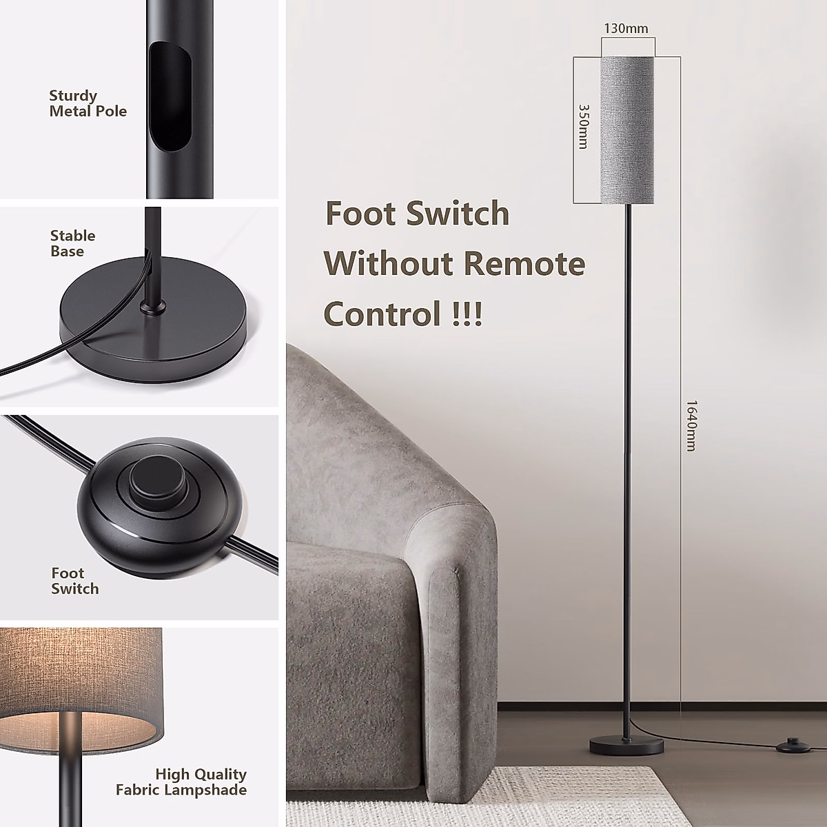 Lithomy Floor Lamps for Living Room with 3 Color Temperatures, Modern Standing Lamp Tall Industrial Reading for Bedroom, Living Room, Office, Kids Room,9W Bulb Included-Black with Gray Lampshade